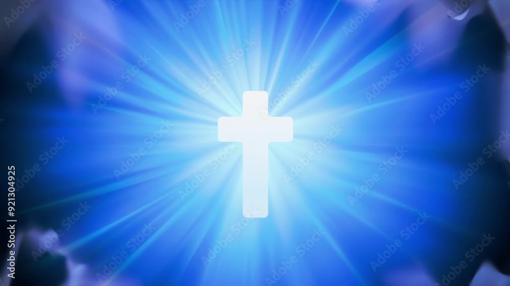Cross in an abstract lighty blue background render, radiating bright ...