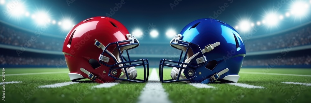 Red and blue American football helmets opposite each other. Symbolize ...
