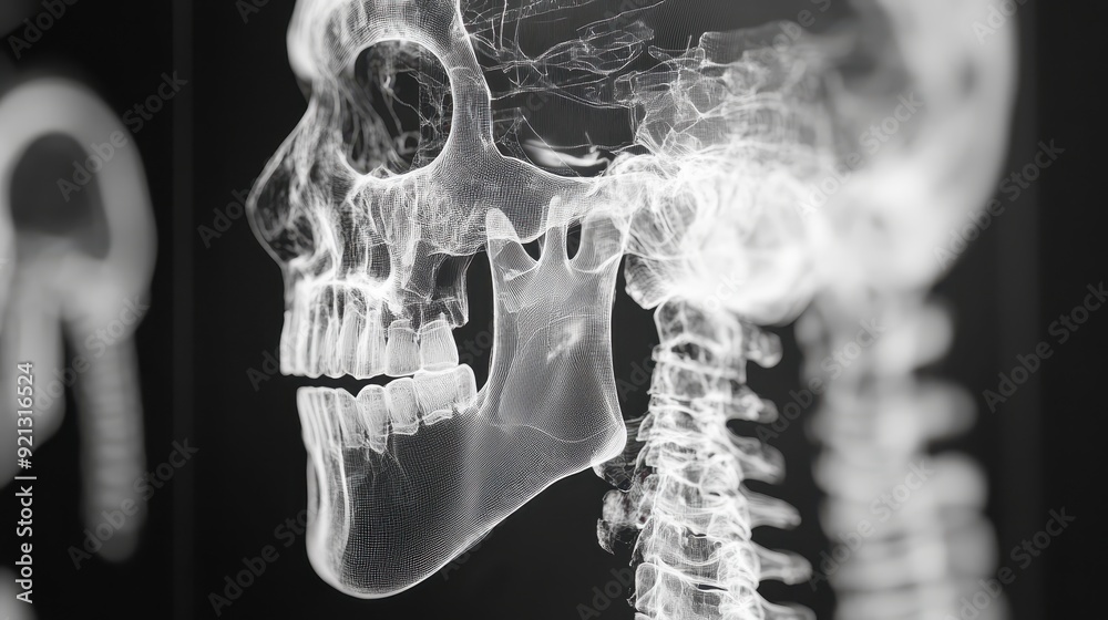 Detailed X-ray image of a human skull and neck, showcasing intricate ...