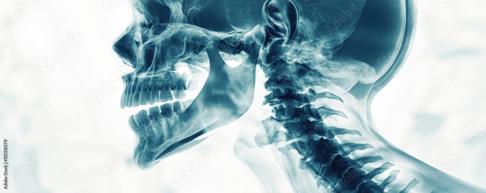 Side view of a human skull and neck X-ray, showing detailed bone ...