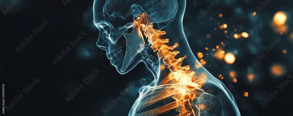 3D illustration of human spine and nervous system, with light effects ...