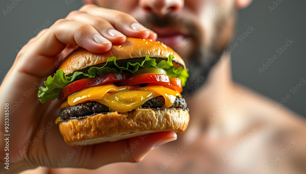 Close-up of man's hand holding a cross section of a burger isolated ...