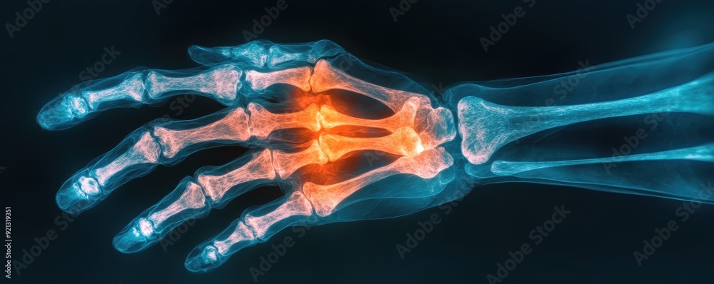 X-ray image showing inflammation in hand joints, highlighting arthritis ...
