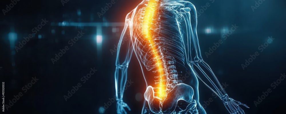 3D rendered image of a human spine highlighting the skeletal structure ...