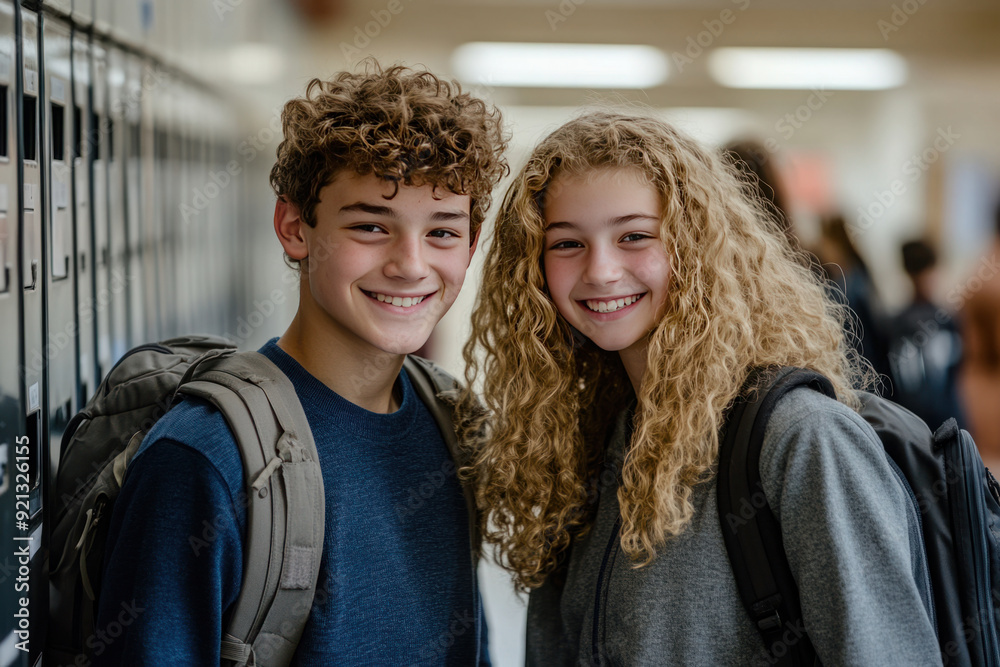 Smiling teenage boy and girl with curly hair standing by school lockers ...