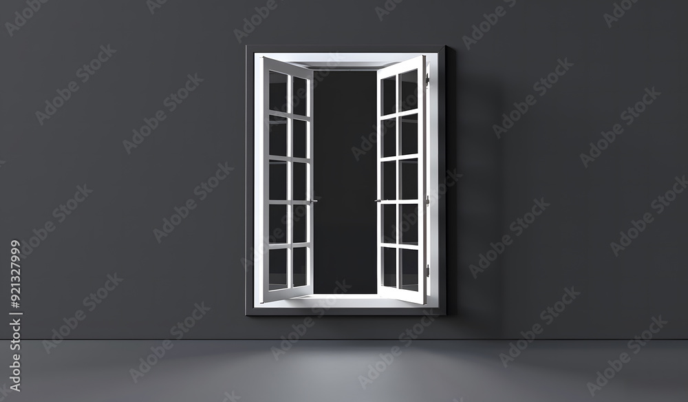 Silver chrome window frames are isolated on a solid black background ...