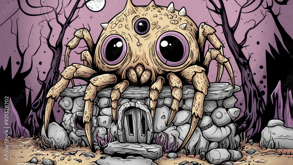 Giant three-eyed spider guarding a stone lair in a dark fantasy ...