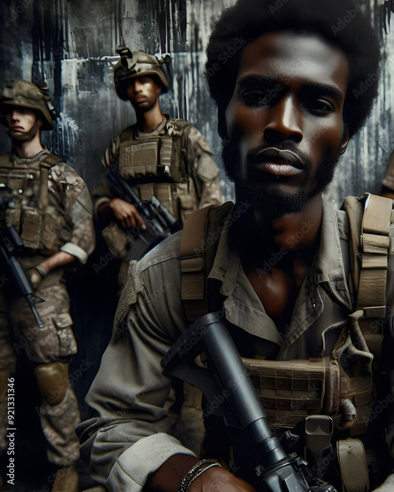 American ranker with armour confidently standing with weapon on ...