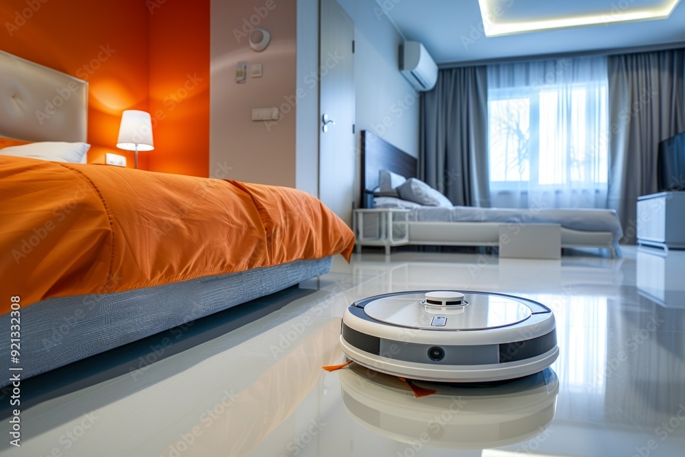 robot vacuum cleaning a modern bedroom interior, showcasing the sleek ...