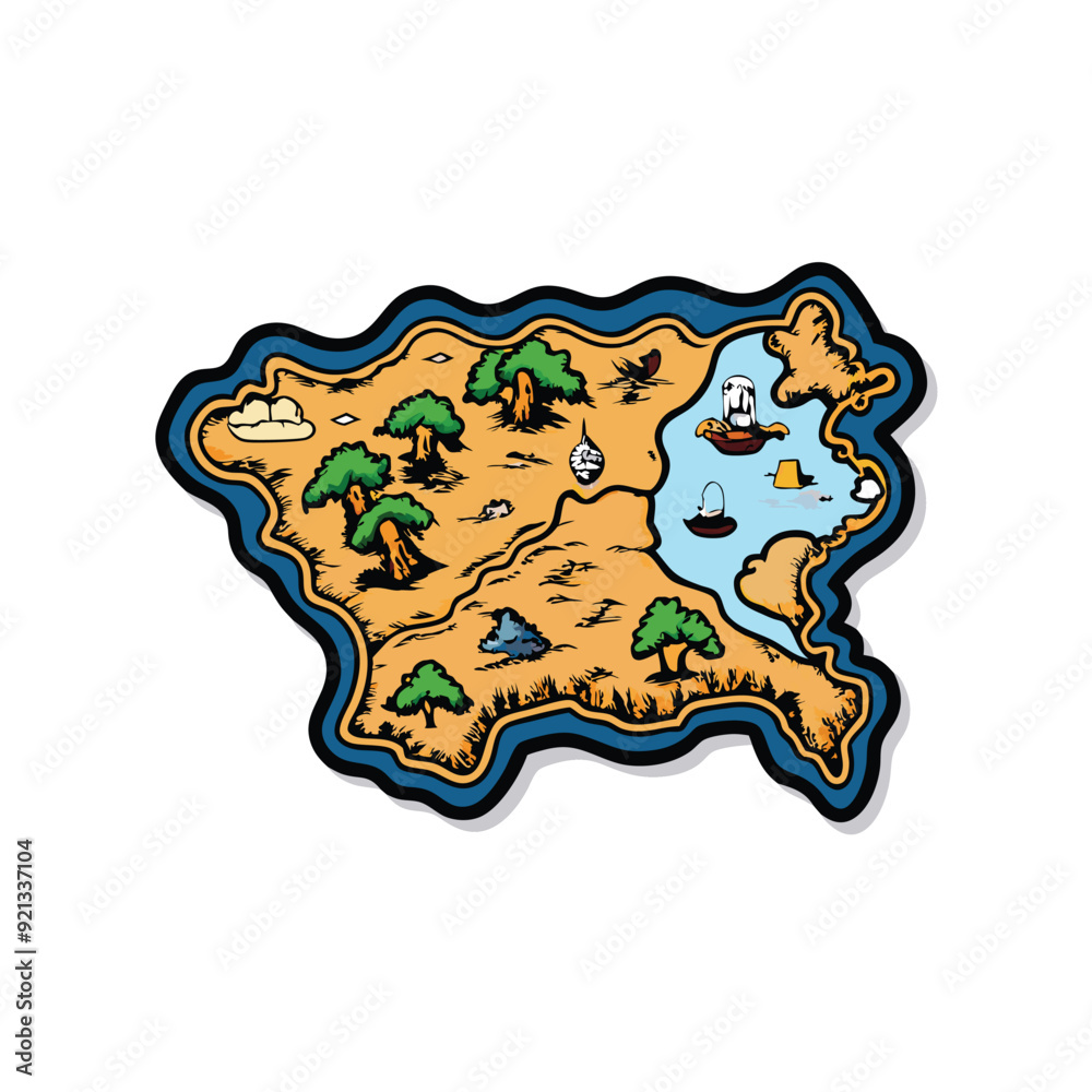 An illustrated map with a blue border, surrounded by water with a ...