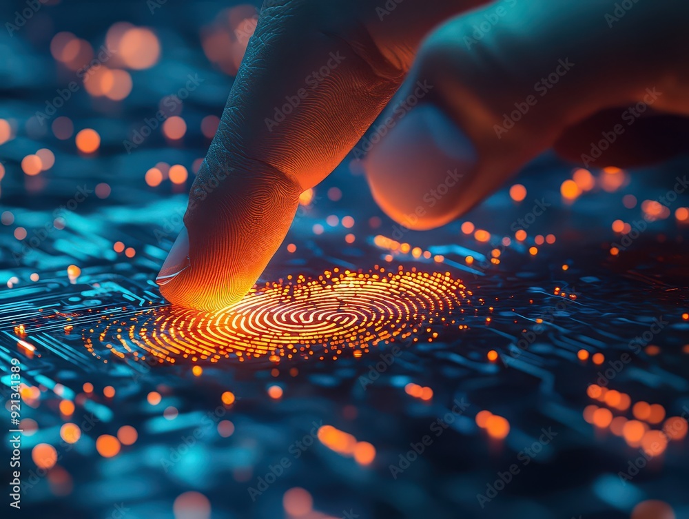 Finger pressing a glowing fingerprint scanner on a digital surface ...