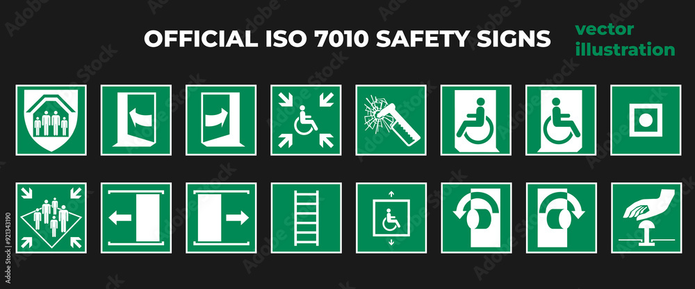 Official ISO 7010 safety signs vector drawings.Green emergency exit symbols. Stock Vector ...