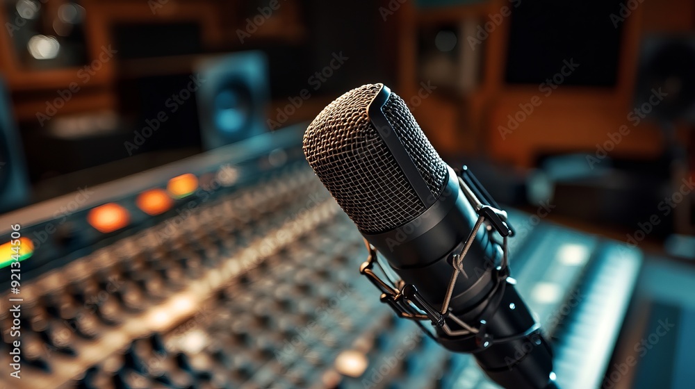 A detailed view of a professional microphone within a recording studio ...