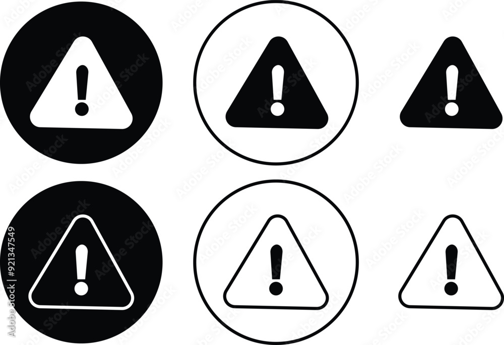 Danger warning icon set. alert triangle warn sign in black flat and ...