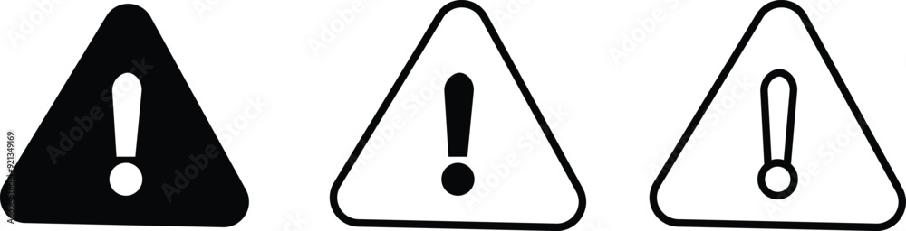 Danger warning icon set. alert triangle warn sign in black flat and ...