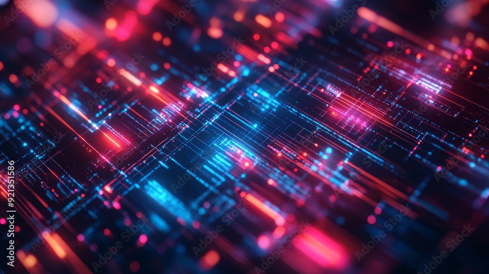 An abstract image depicting a digital network with red and blue lights ...