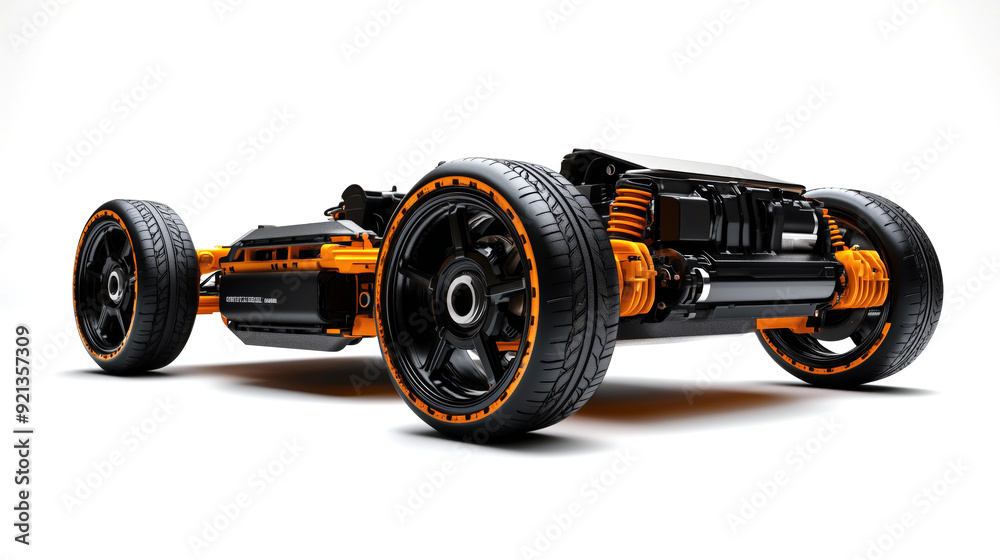 Detailed view of an electric car chassis featuring battery pack, motors ...