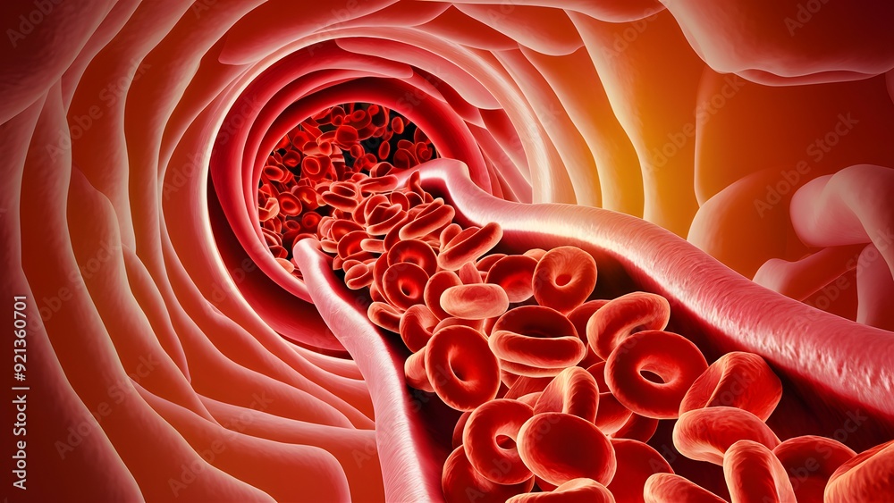 A magnified view of a blood vessel, possibly an artery or vein. Inside ...