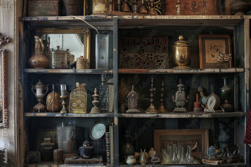 A shelf filled with various types of items neatly arranged in rows ...