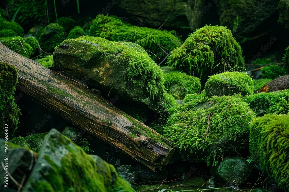 Moss covers rocks and fallen logs in a dense forest setting, Moss ...