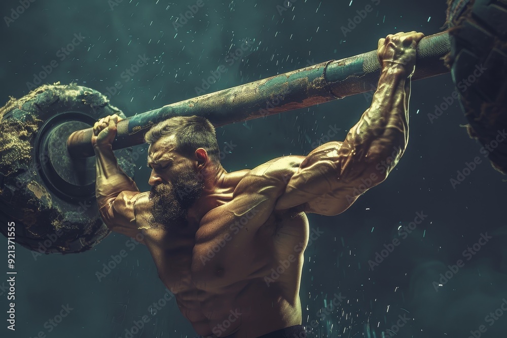 Strong man with muscles straining holding heavy metal object over head ...