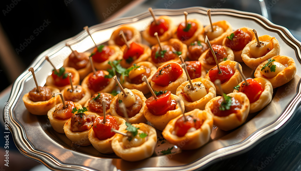 Silver plate full of appetizers finger food starters at party isolated ...