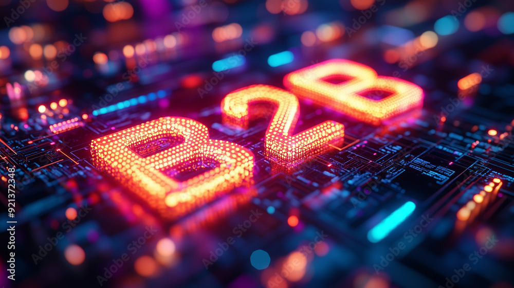 "B2B" in a sleek font over a background of a digital marketplace for ...