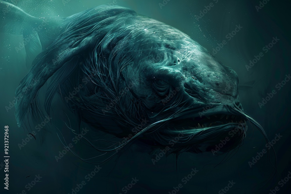 A large fish with its mouth open underwater, showing its mysterious and ...