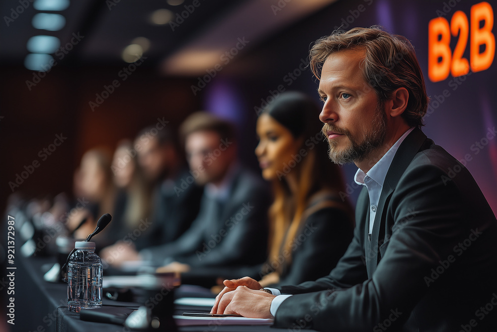 "B2B" in a sleek font over a background of a business symposium on ...