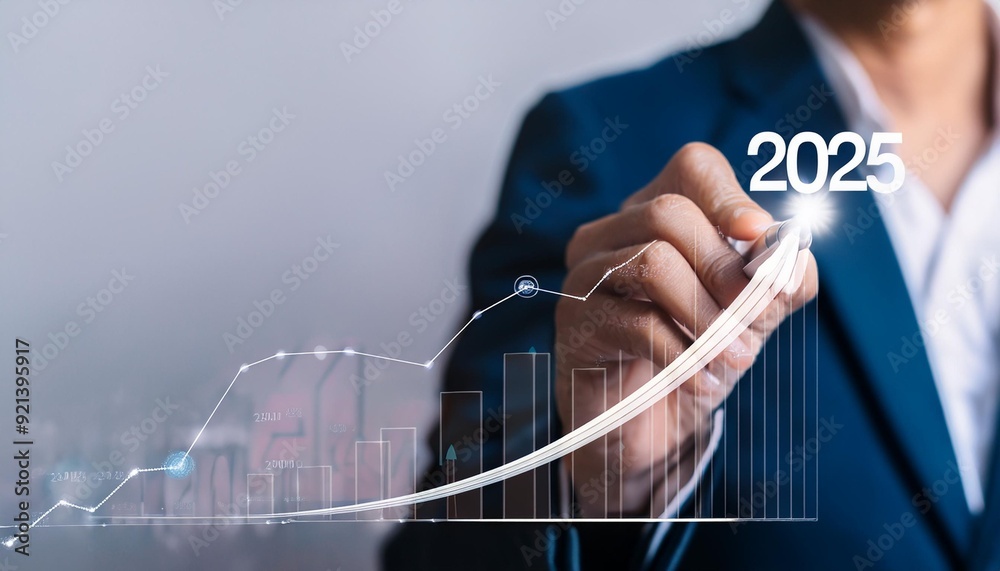 Businessman draws a rising arrow graph of the company in the future to ...