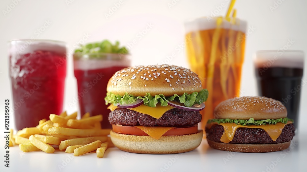 The classic fast food set includes a juicy burger with a sesame bun ...