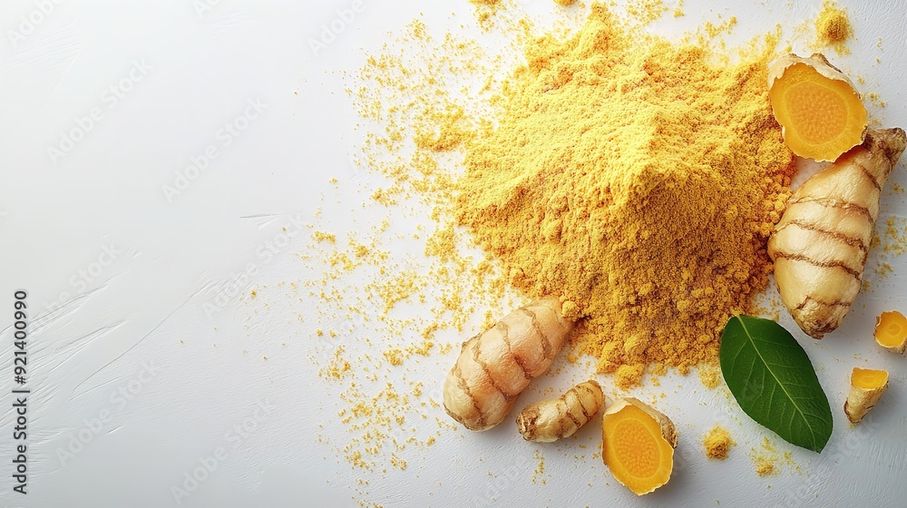 Vibrant yellow turmeric root, leaf, and powder scattered artfully on a ...