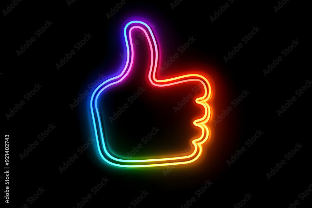 Neon outline of thumbs up emoji with rainbow colored light trails ...