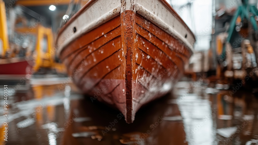 The hull of a wooden boat under construction, shown from the front view ...
