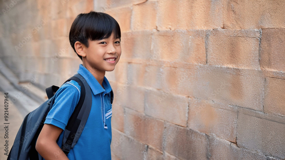 Asian schoolboy on the brick wall background. Back to school concept ...