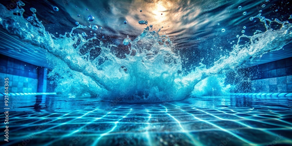 Water splash captured underwater in a pool with vibrant colors and ...