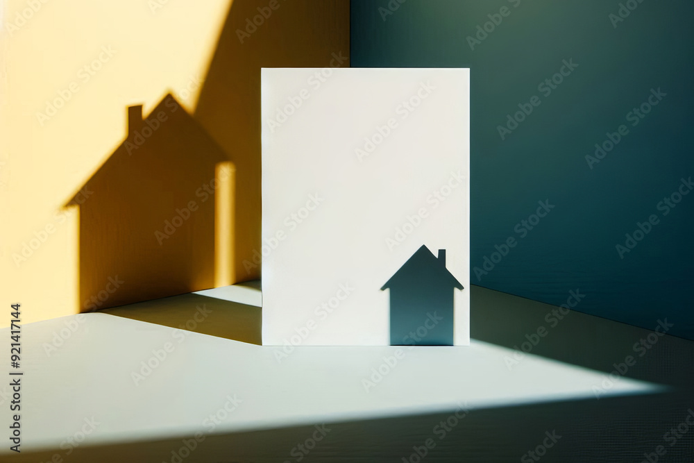 White square card upright on surface, two shadows on wall behind create ...