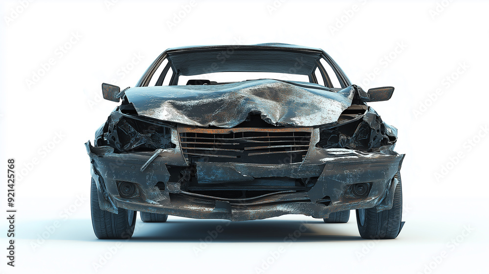 heavily damaged wrecked car on white background, illustrating vehicle ...