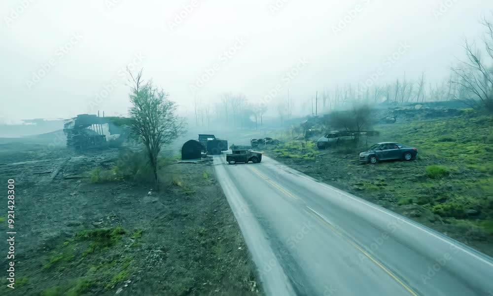 Wide-angle view from inside an old, overgrown car, showing a highway ...