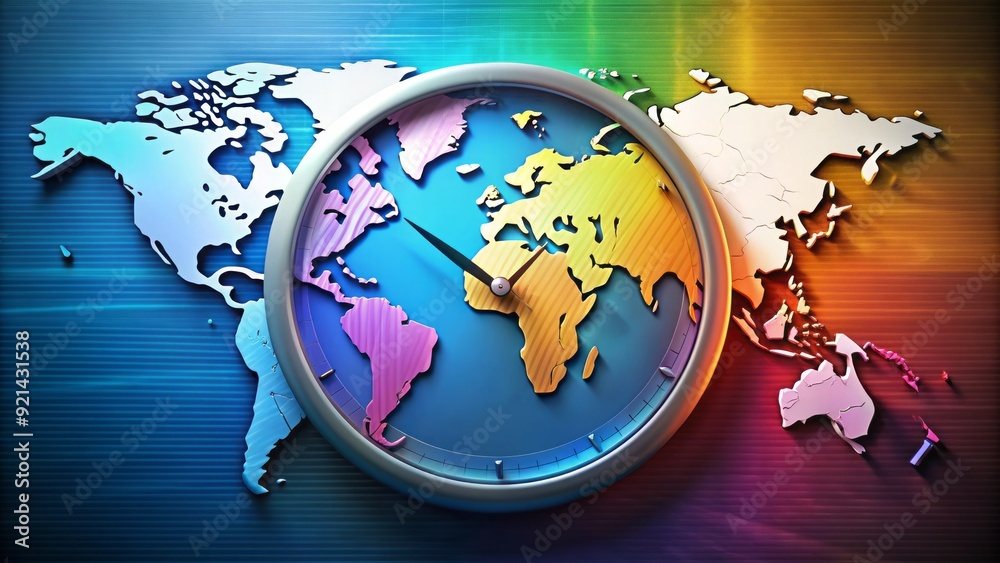 A colorful world clock displays time zones globally, featuring a ...