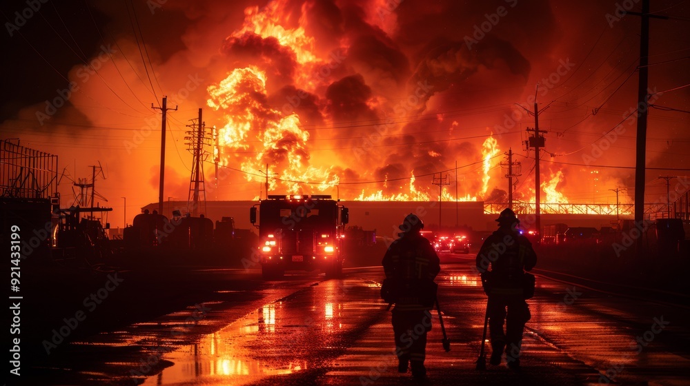 Firefighters battling a massive blaze at night with flames illuminating ...