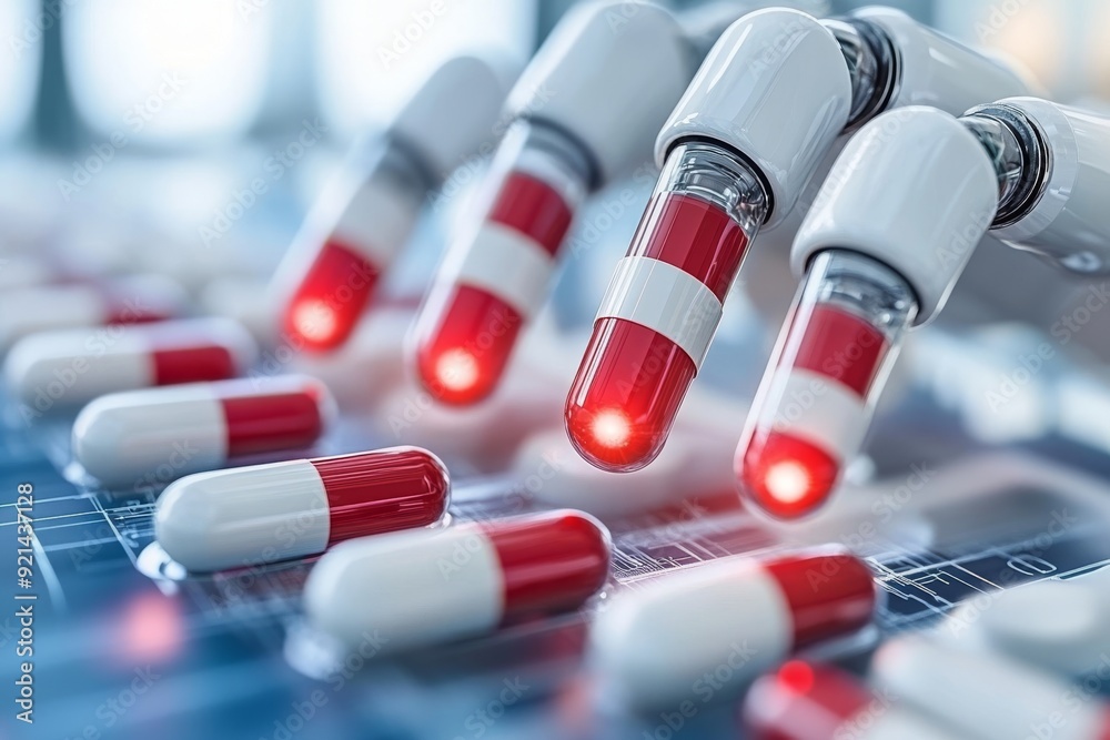 Robotic fingers delicately handling red and white capsules representing ...
