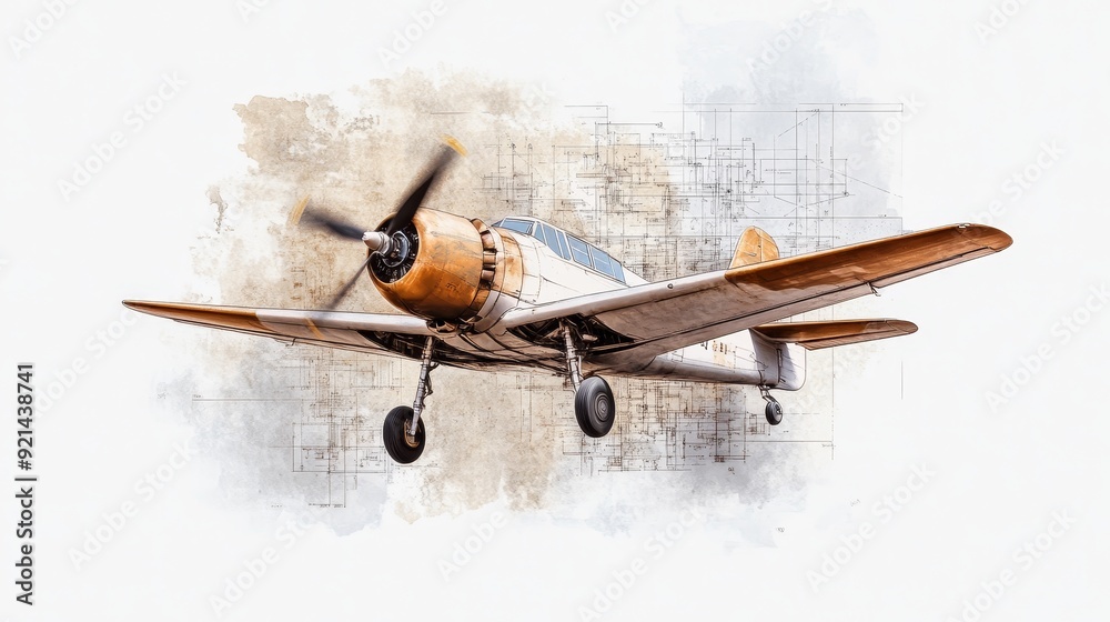 Classic propeller plane, faded vintage map, detailed engineering ...