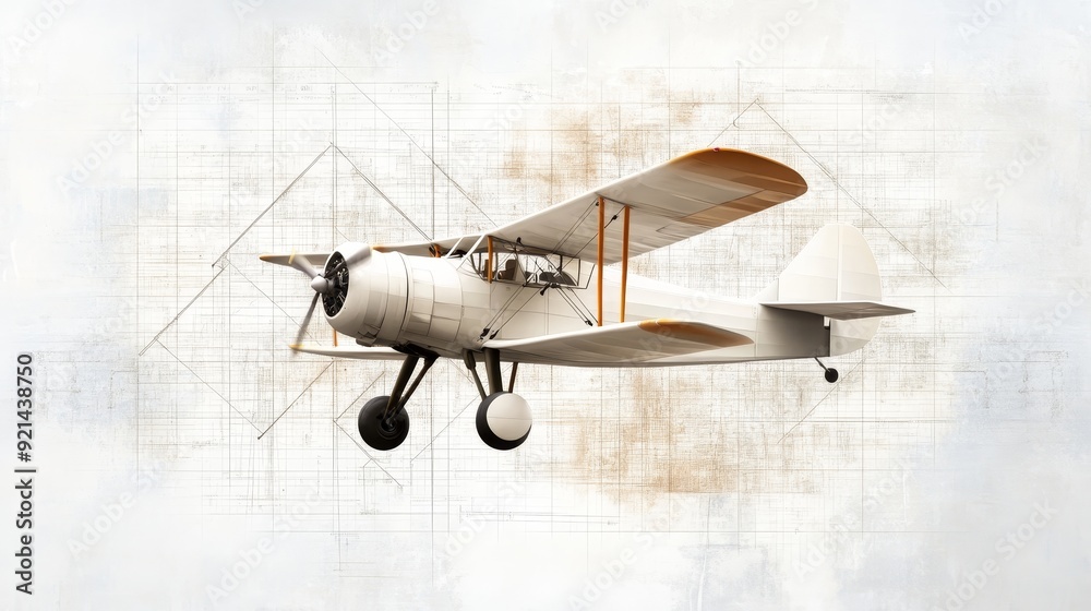 Classic propeller plane, faded vintage map, detailed engineering ...