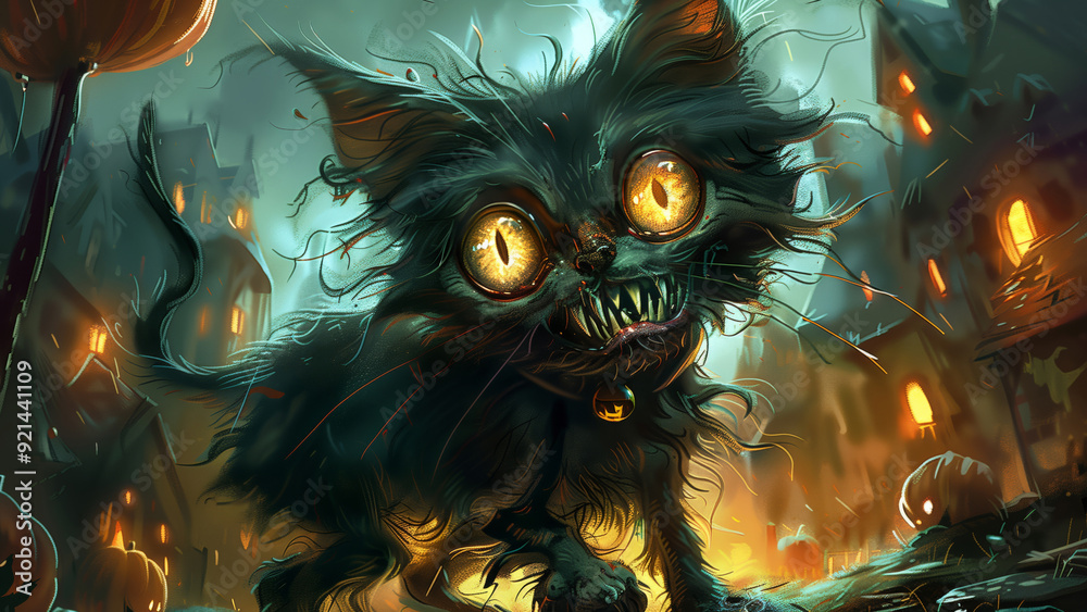 Frightening Cat with Glowing Eyes in Haunted Village, Halloween-themed ...