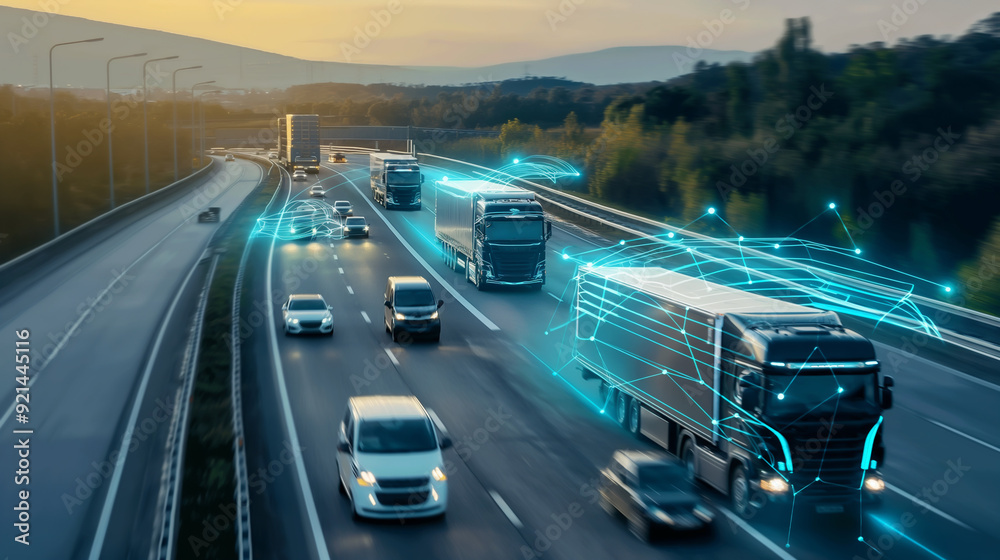 Connected Highway of the Future: A fleet of semi-trucks and cars ...