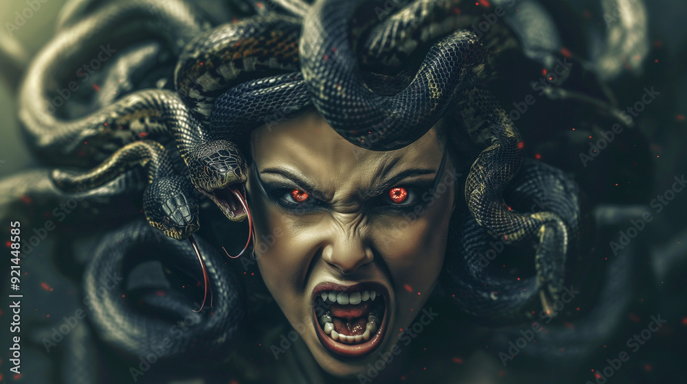 Medusa woman hissing, with snake hair and glowing red eyes. Stock ...