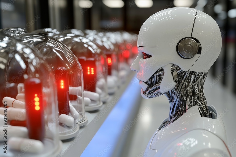 Row of futuristic humanoid robots with glowing red visors symbolizing the integration of ...