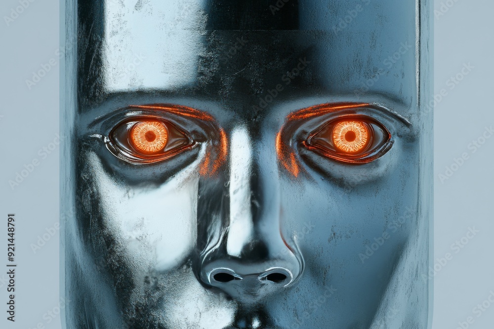Close up of a metallic humanoid face with glowing orange eyes ...