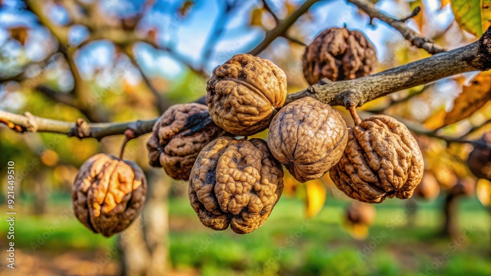 Rotten walnut fruits with dark brown spots on branch in diseased ...